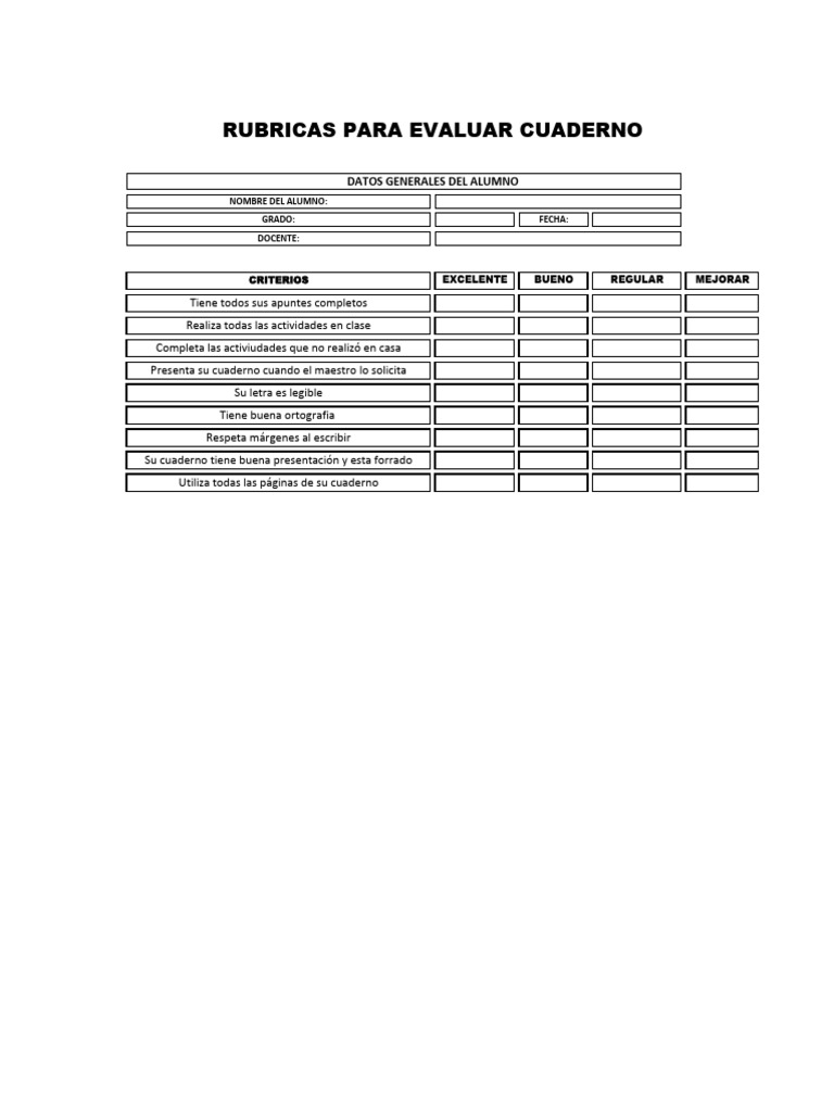 Rubricas para Evaluar Cuaderno | PDF