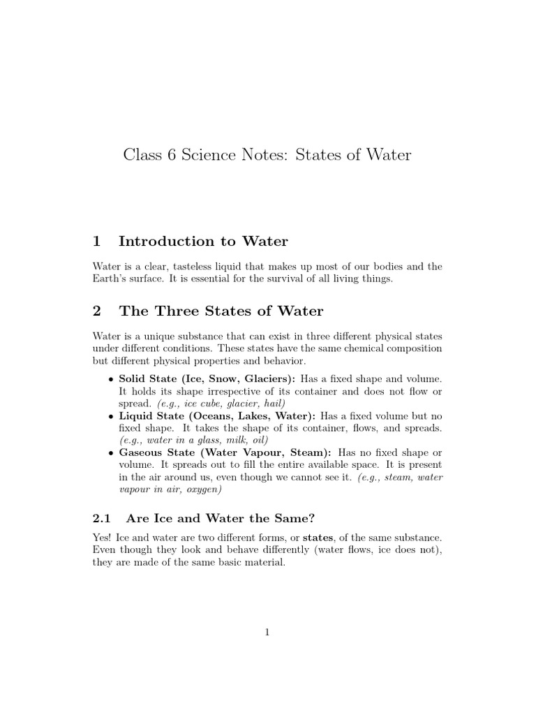 Class 6 Science Notes - Water | PDF | Water | Water Vapor