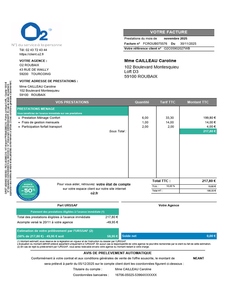 Facture de services O2 pour Mme Cailleau | PDF | Taxe sur la valeur ajoutée