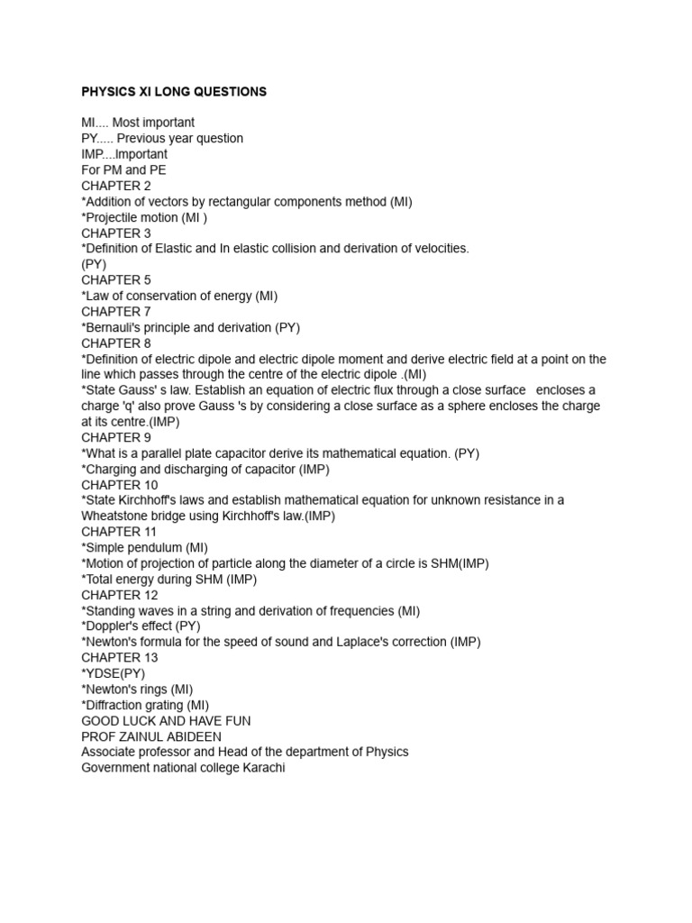 Physics Xi Long Questions - 1 | PDF