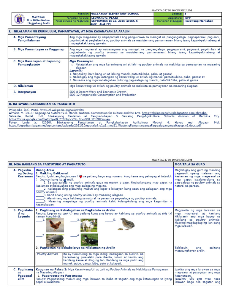 DLL Matatag - Epp 5 q2 w4 | PDF
