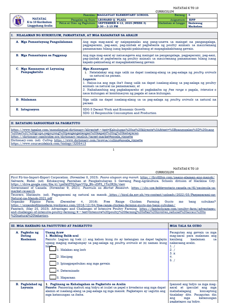 DLL Matatag - Epp 5 q2 w3 | PDF