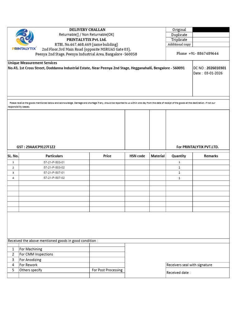 Delivery Challan for PRINTALYTIX Goods | PDF