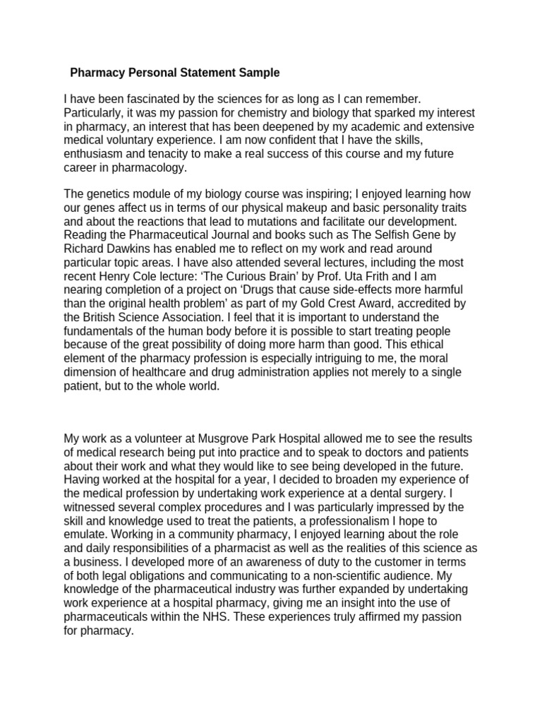 Pharmacy Personal Statement Example | PDF | Pharmacy | Health Care