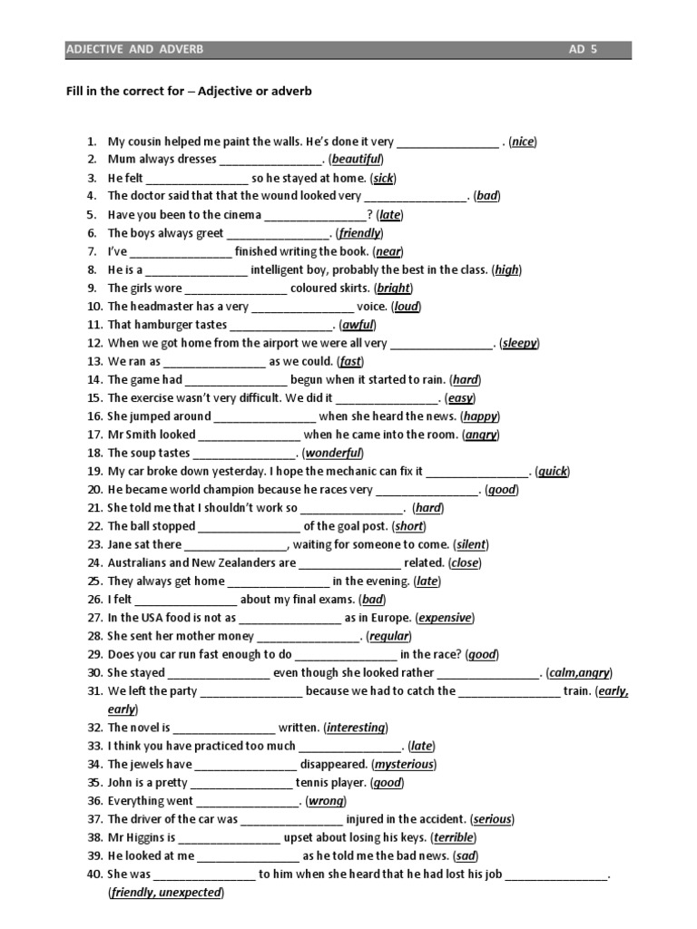 Adjective and Adverb Exercises | PDF | Home & Garden
