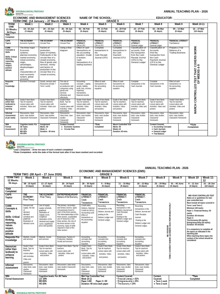 Grade 9 EMS Annual Teaching Plan 2026 | PDF | Banks | Lesson Plan