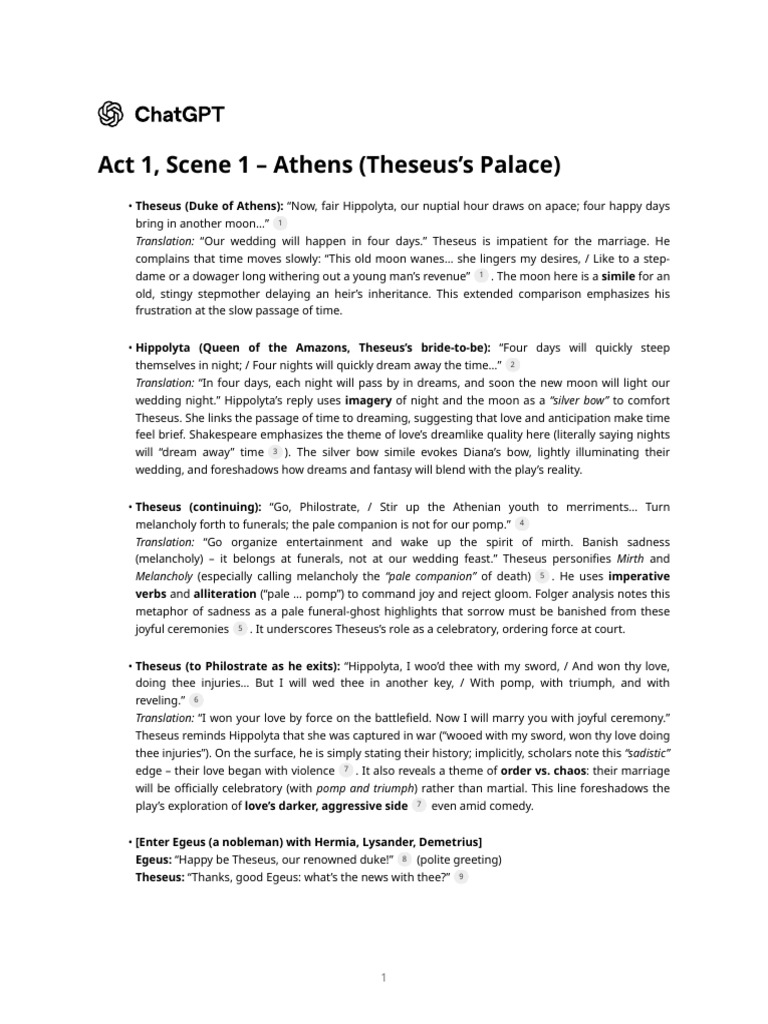 A Midsummer Night's Dream Act 1 Summary | PDF | A Midsummer Night's Dream