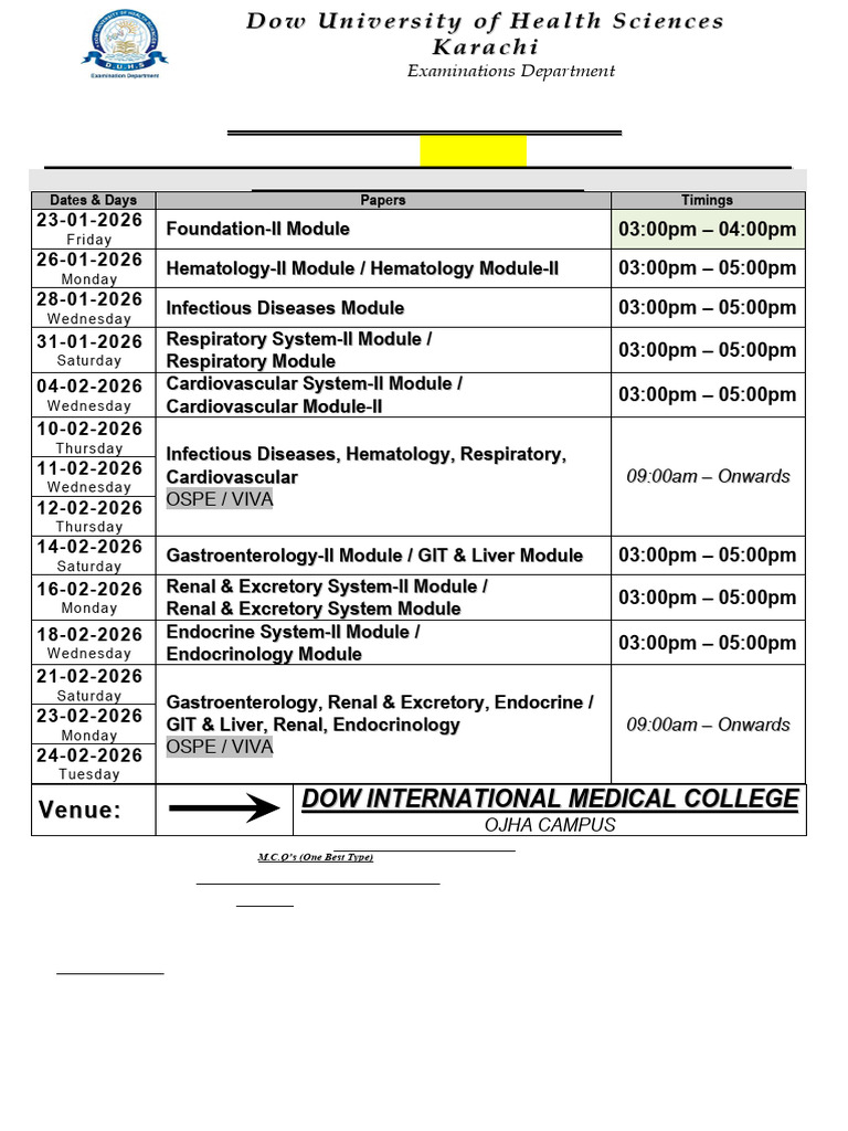 DUHS 2026 MBBS Exam Schedule | PDF