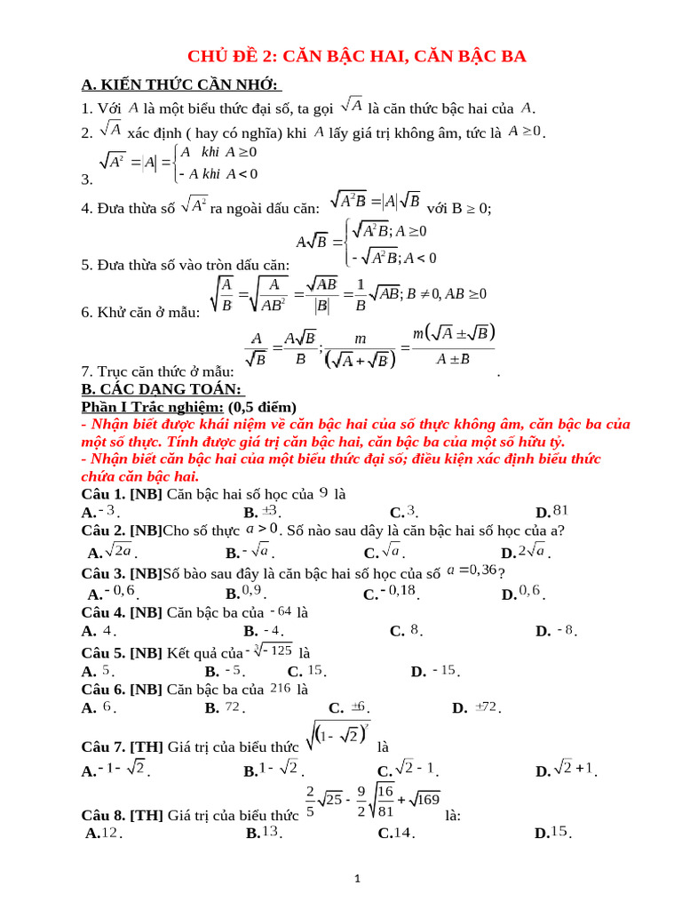 Chủ Đề Căn Bậc Hai, Căn Bậc Ba ( Gửi Hs) (1) | PDF