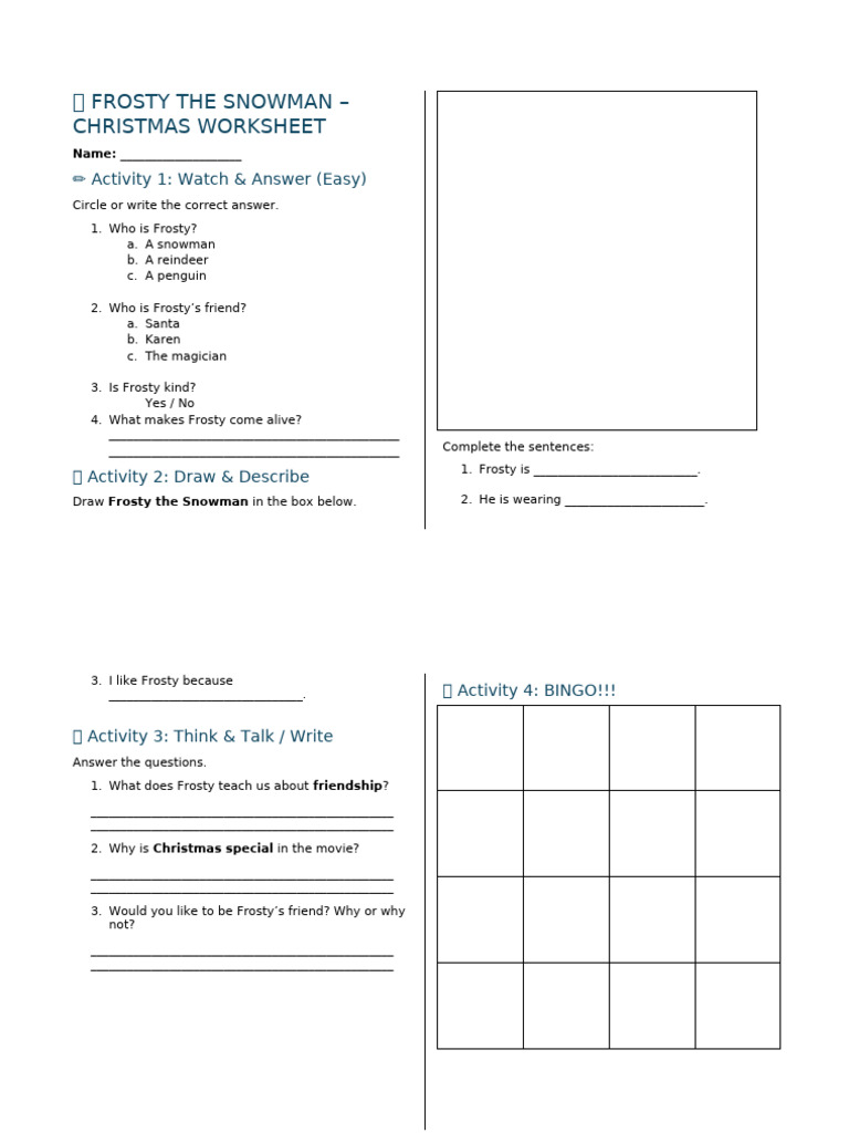 Frosty The Snowman - Christmas Worksheet | PDF