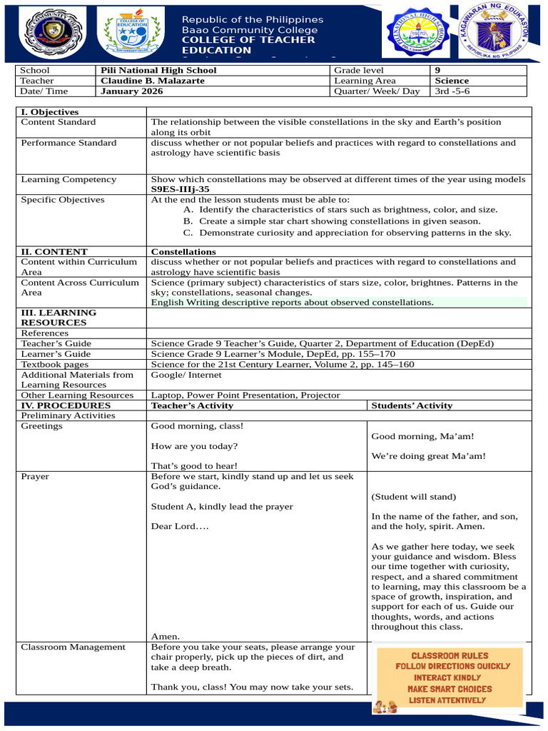 Final Lesson Plan Constellations | PDF | Stars | Physical Phenomena