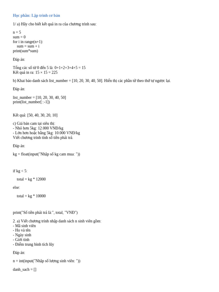 De Va Dap an Lap Trinh Co Ban | PDF