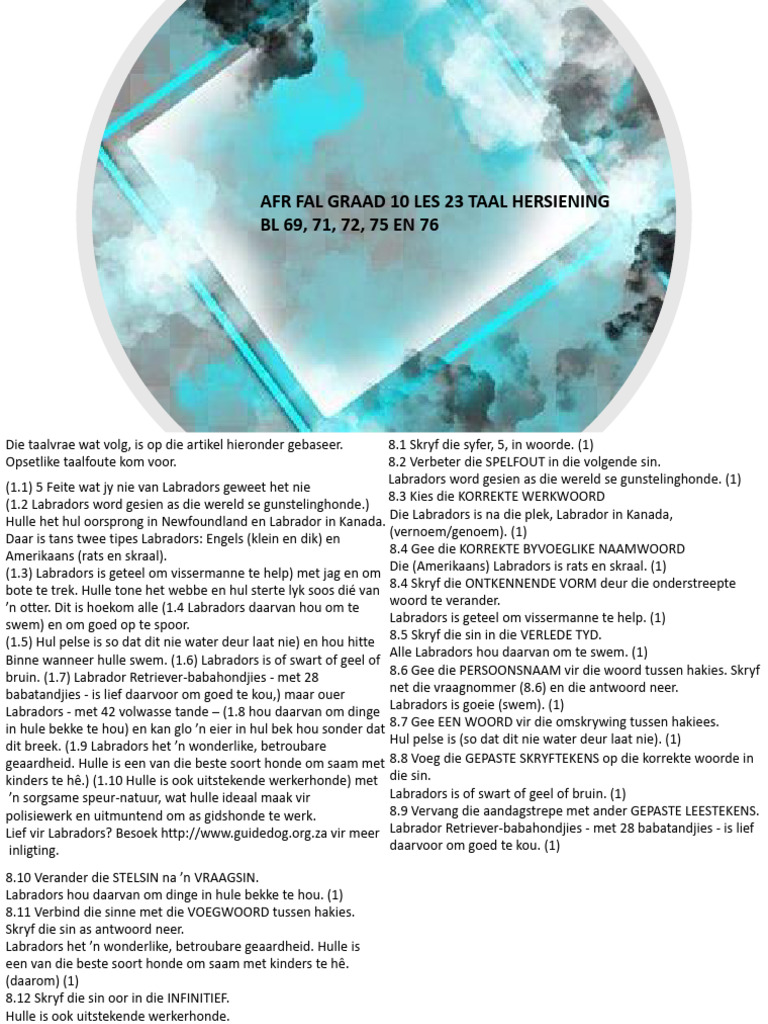 Afr Fal Graad 10 Les 23 Taal Hersiening | PDF