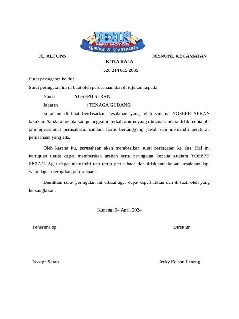 Surat Peringatan Kedua untuk Yoseph Seran | PDF