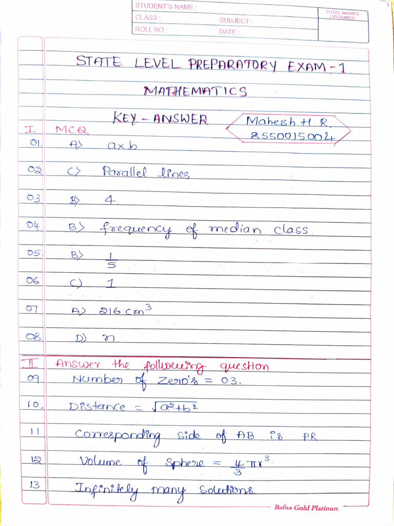 State Level Preparatory -1 Key Answer | PDF