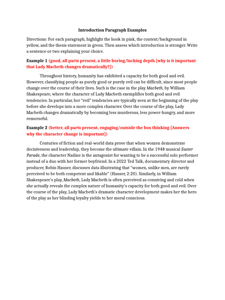 Example Introduction and Conclusion Paragraphs | PDF | Macbeth | Good ...