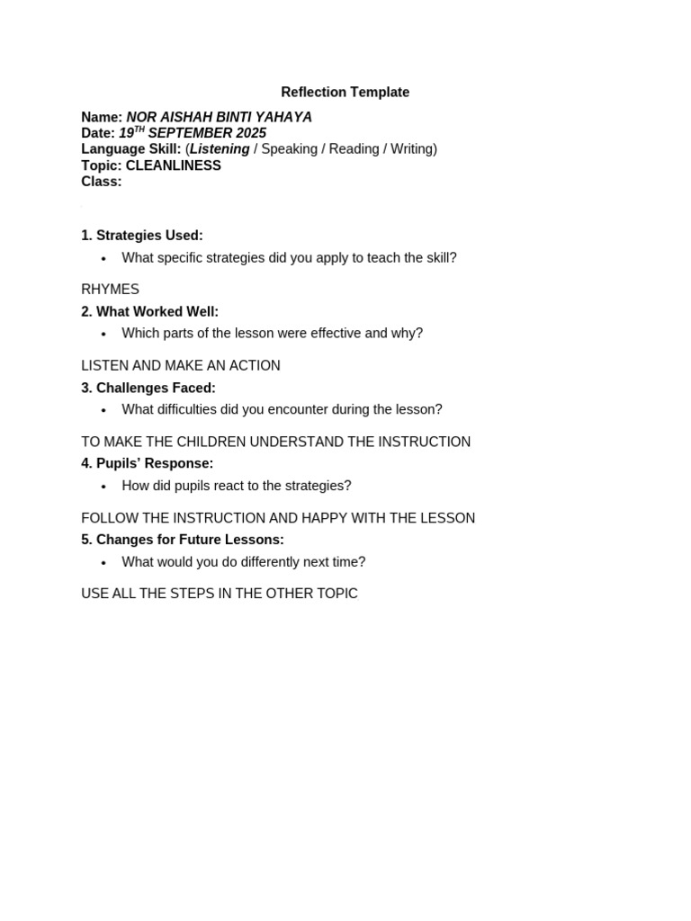 Reflection on Teaching Cleanliness Skills | PDF