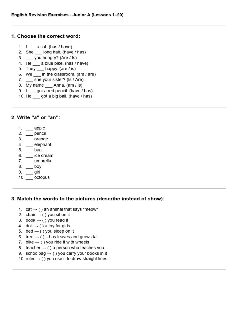 Junior A English Revision Exercises | PDF