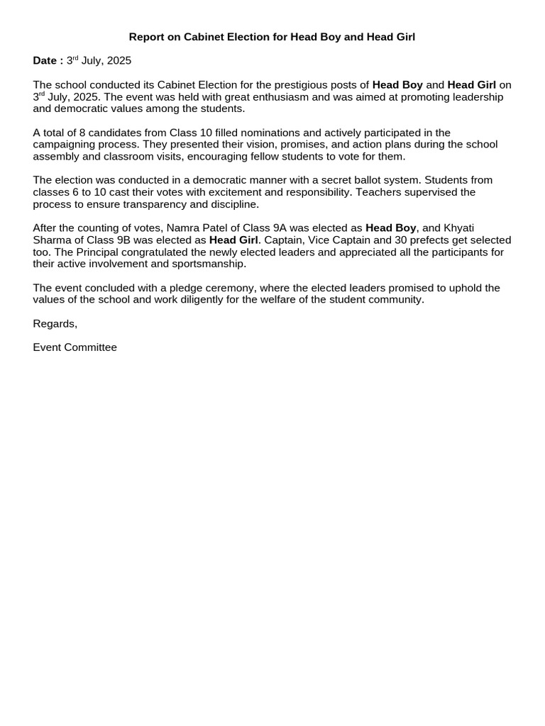 Cabinet Election Results: Head Boy & Girl | PDF