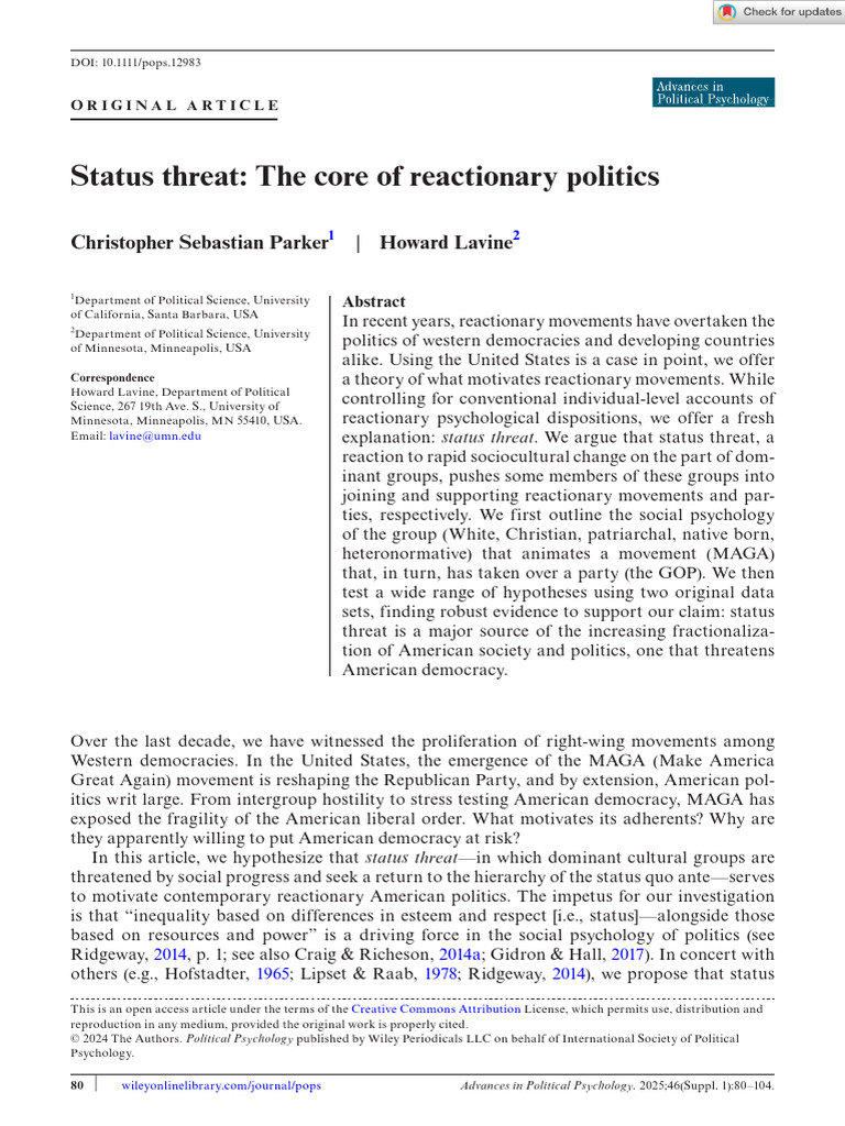Political Psychology - 2024 - Parker - Status Threat The Core of ...