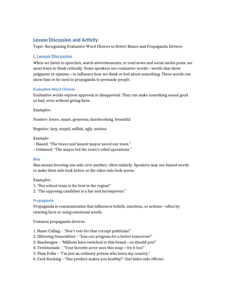 Recognizing Bias and Propaganda Lesson and Activity | PDF | Propaganda ...