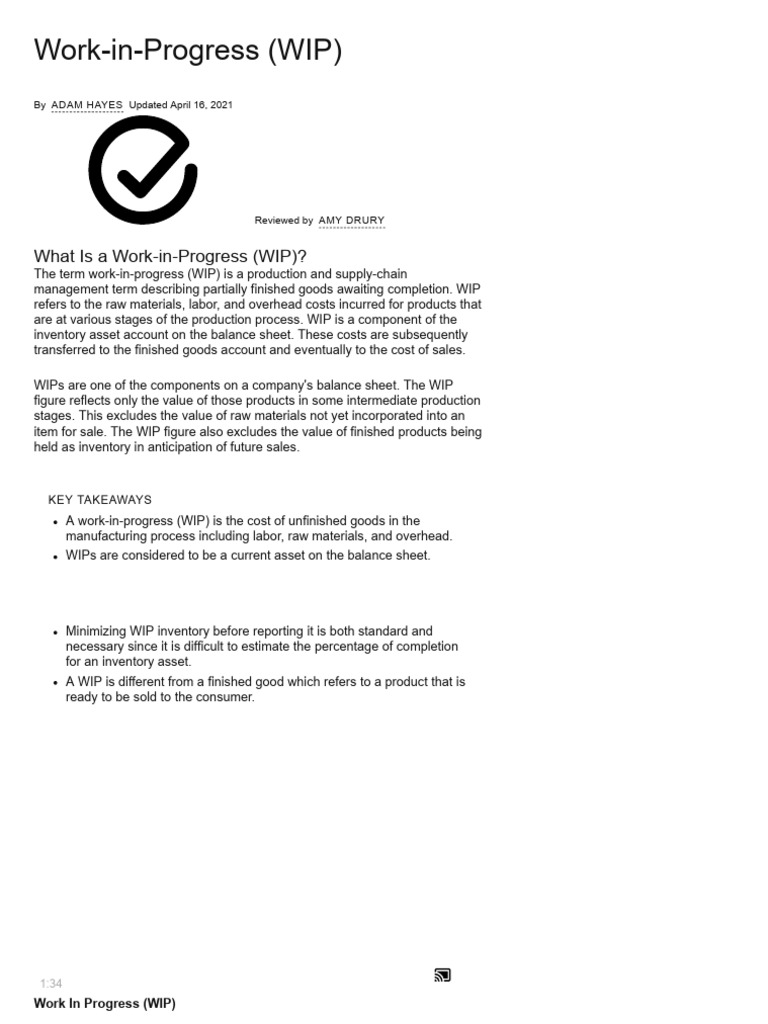 Work-In-Progress (WIP) Definition & Example | PDF | Cost Of Goods Sold ...