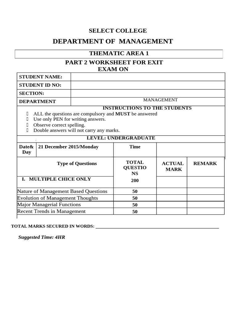 Management Exit Exam Worksheet | PDF | Stress Management | Outsourcing