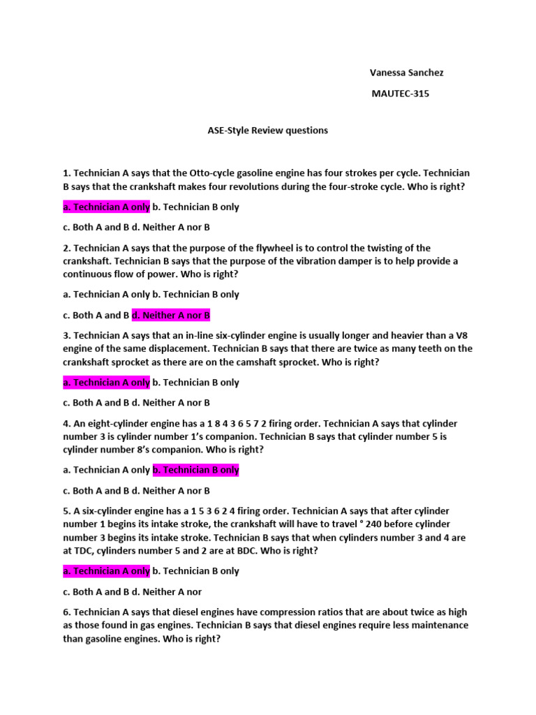 ASE-Style Engine Technician Review Questions | PDF | Propulsion ...