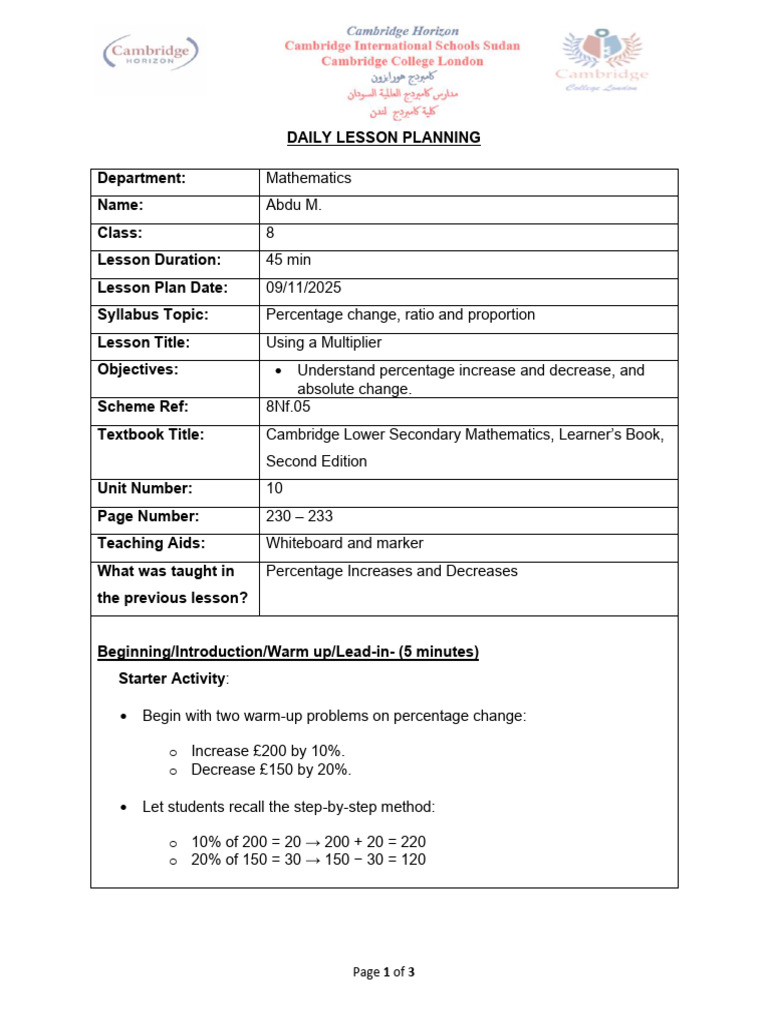 Lesson Plan About Using Multipliers | PDF | Percentage | Arithmetic