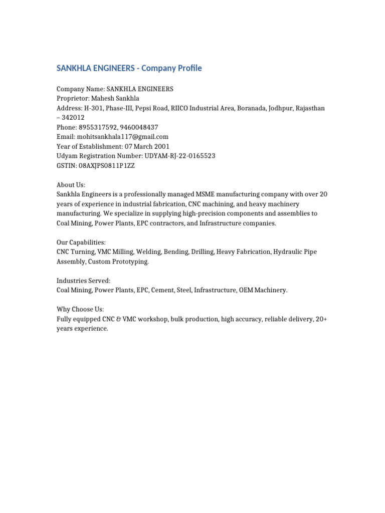 Sankhla Engineers Company Profile | PDF