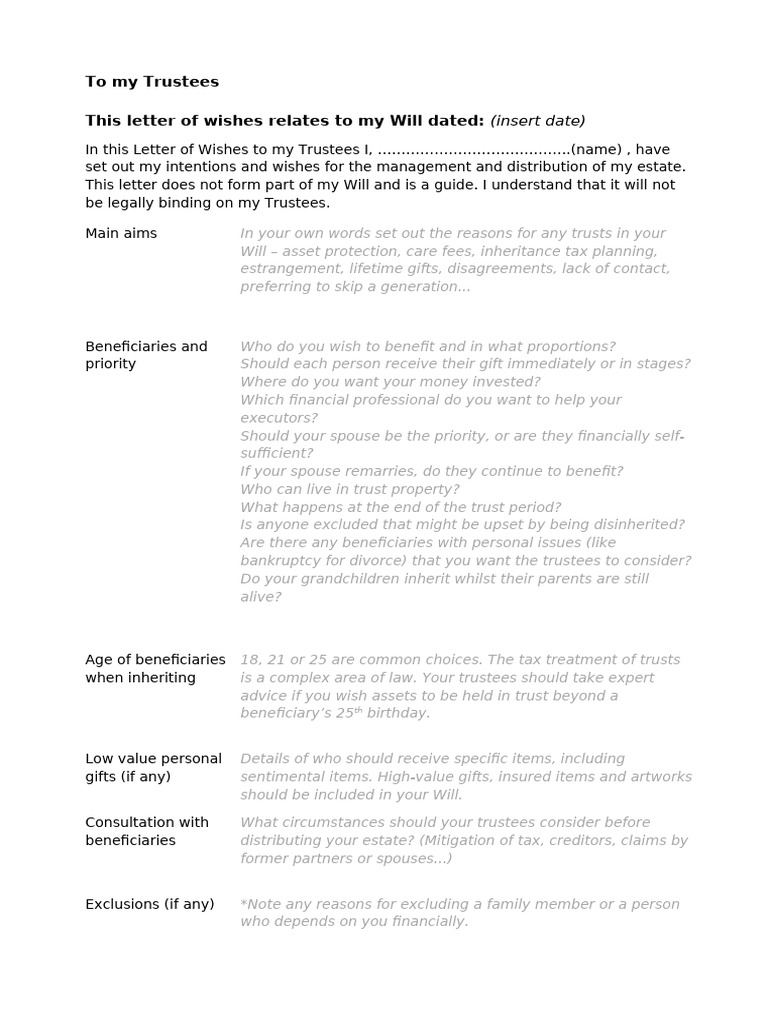 FREE Letter of Wishes Template | PDF | Will And Testament | Funeral