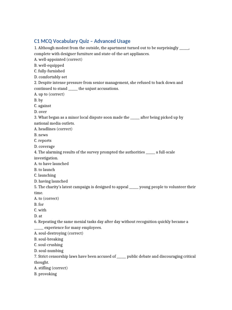 C1 MCQ Vocabulary Quiz Set 2 | PDF