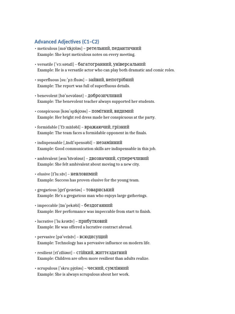 Advanced Adjectives for C1–C2 Learners | PDF