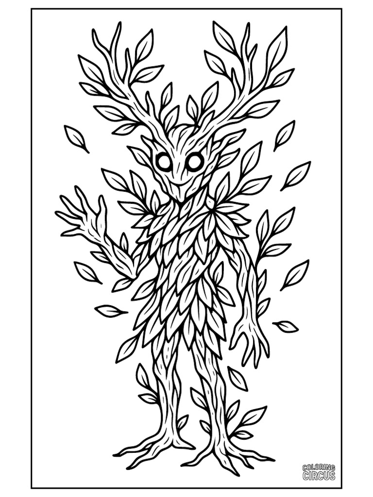 Free Forest Tree Creature Coloring Page - Leafy Guardian With Branch ...