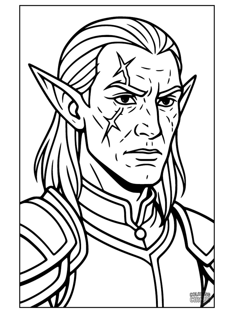 Free Elf Warrior Coloring Page - Lightning-Scarred Portrait (Printable ...