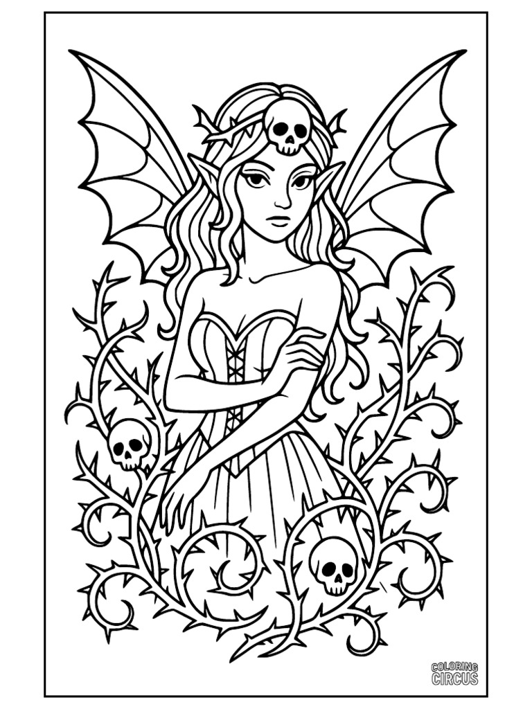 Free Fairy Coloring Page - Gothic Midnight Fairy in Thorny Vines ...