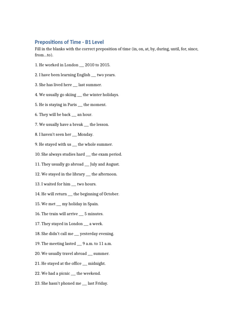 Prepositions of Time Exercises for B1 | PDF