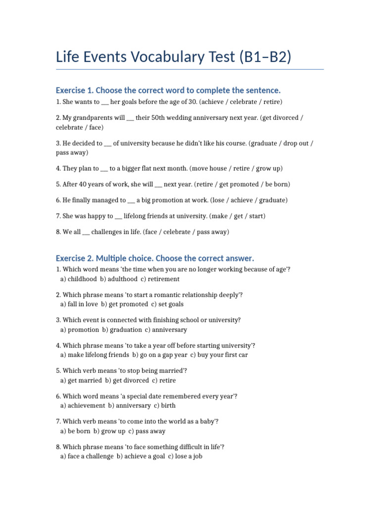 Life Events Vocabulary Test B1-B2 | PDF