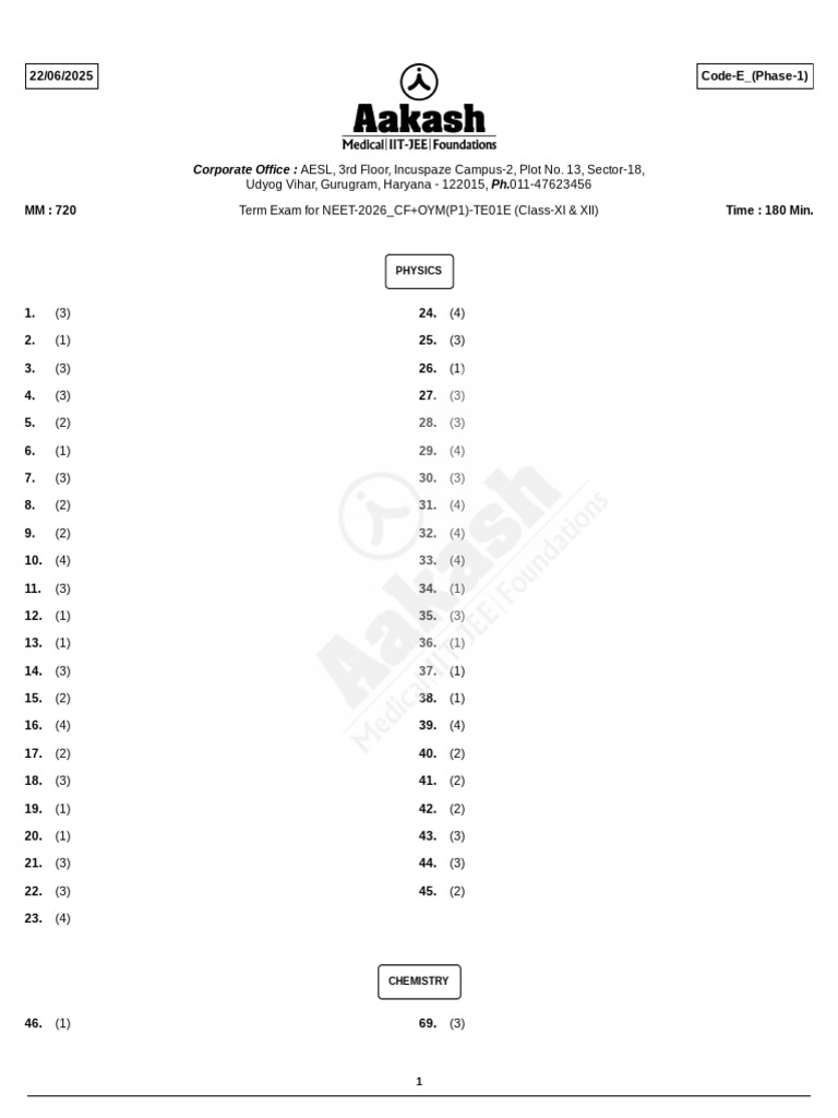 TE-01E_CF+OYM(P1)_(Class-XI & XII)_22-06-2025_Sol | PDF | Menstrual ...