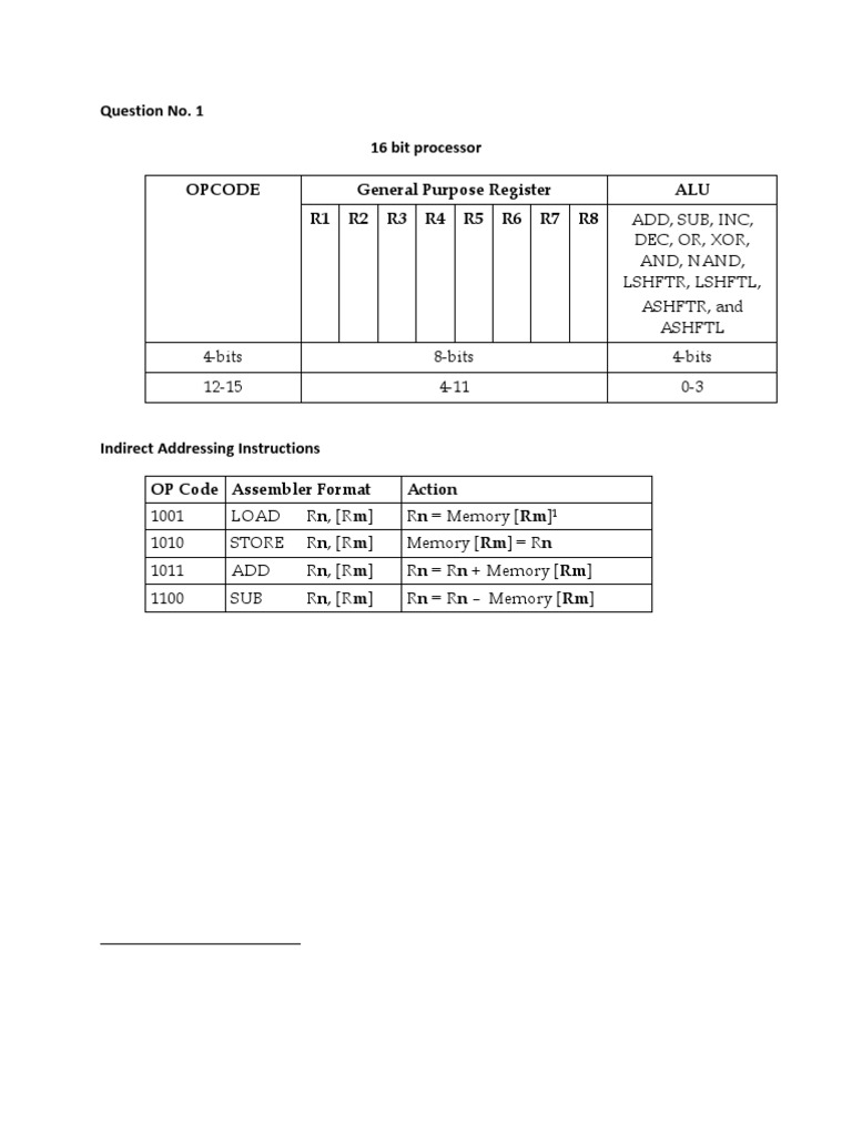 Question No. 1 16 Bit Processor Opcode General Purpose Register ALU R1 R2 R3 R4 R5 R6 R7 R8 ...