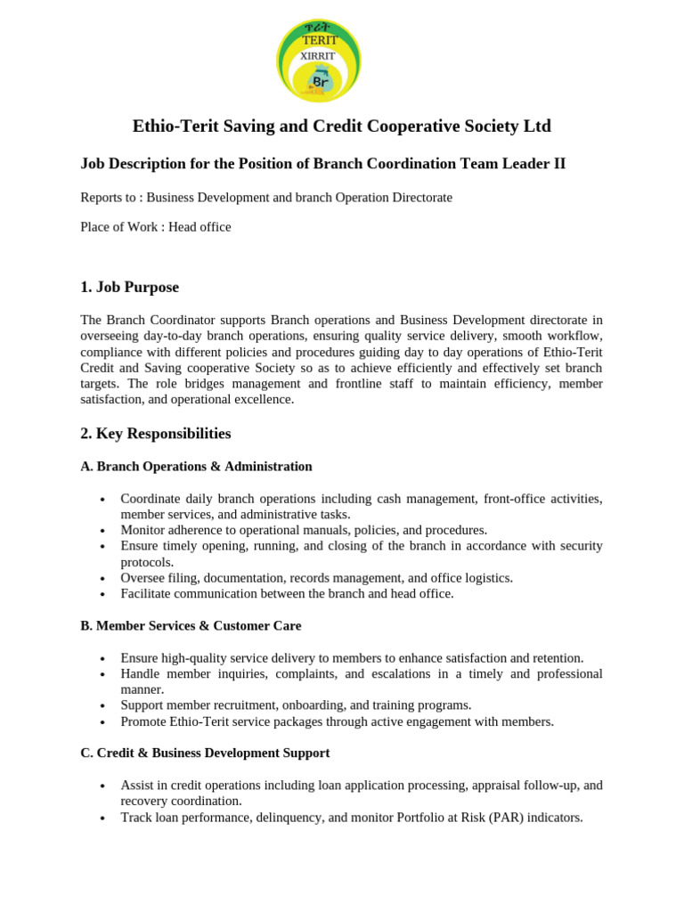 Branch Coordination Team Leader Job Description | PDF | Regulatory ...
