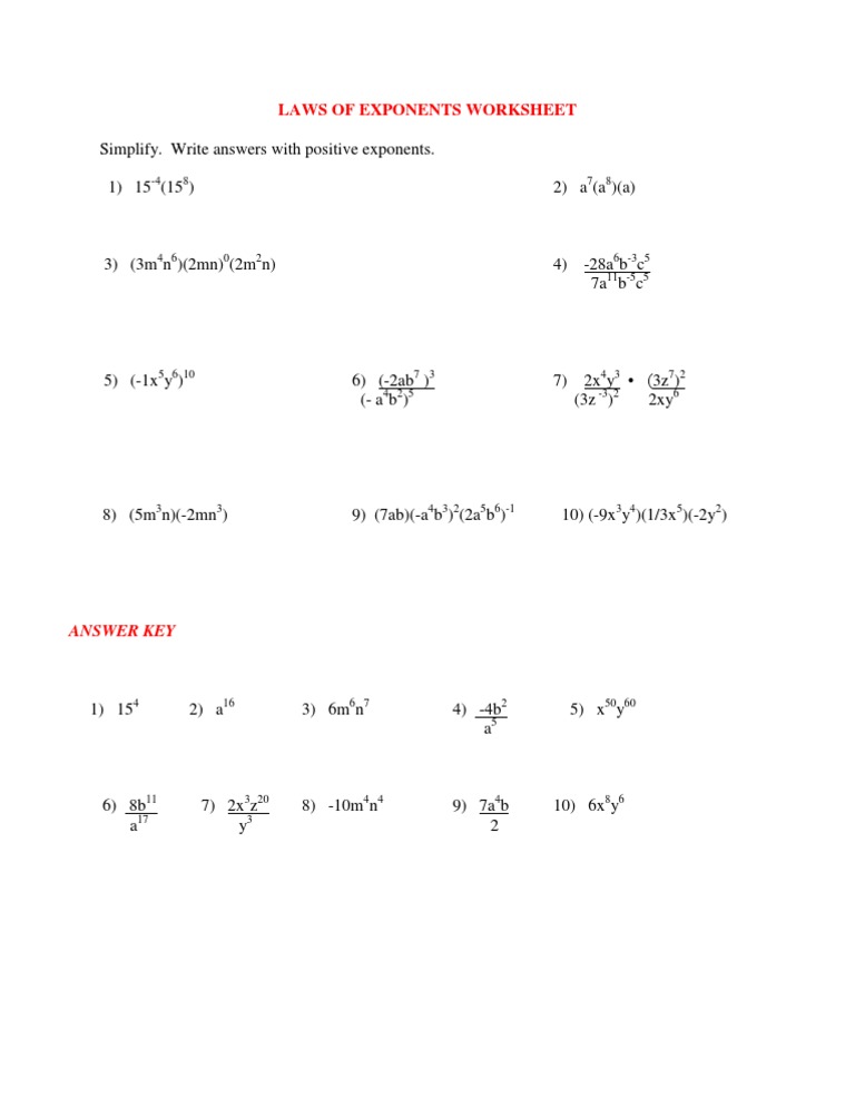 Laws of Exponents Worksheet: Answer Key | PDF