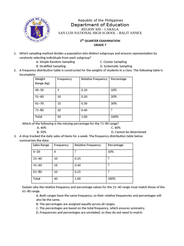 Grade 7 Quarter 3 Exam Review | PDF | Sampling (Statistics) | Numbers