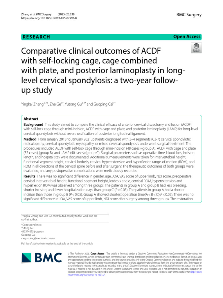 Comparative Clinical Outcomes of ACDF With Self-Locking Cage, Cage ...