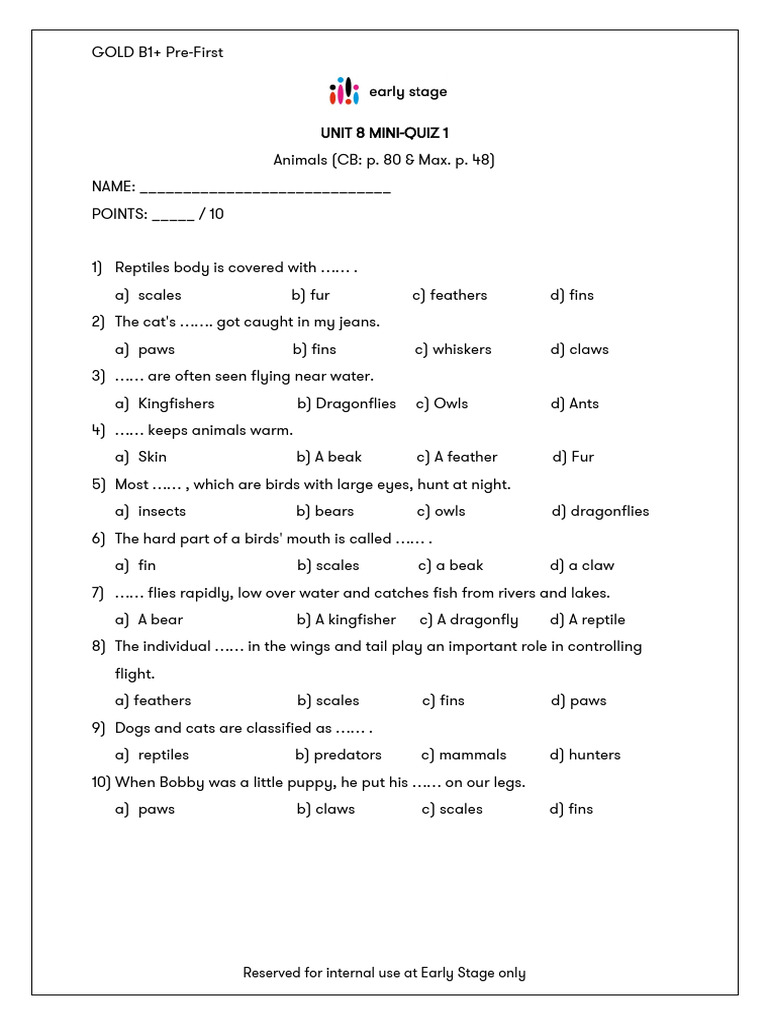 Animals Mini-Quiz for GOLD B1+ | PDF