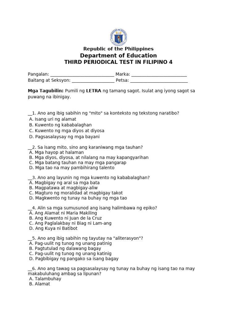 Third Periodical Test in Filipino 4 | PDF