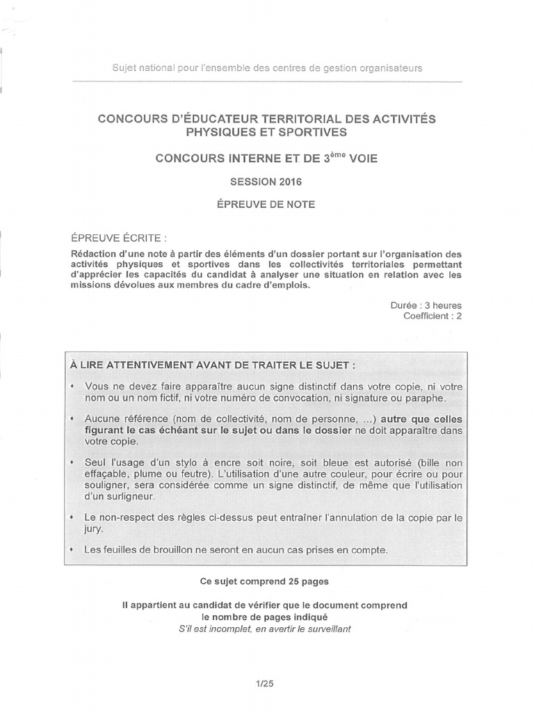 CDG72 2016 Annale Concours Interne 3eme Voie Etaps Note | PDF