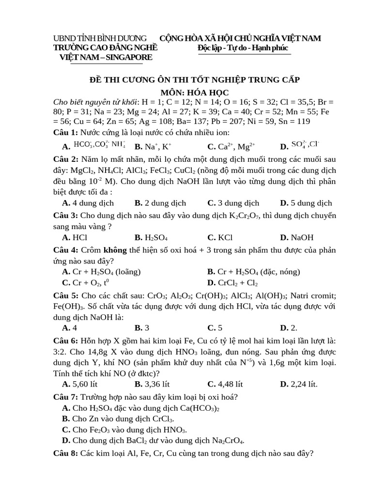 de cuong on thi hoa | PDF