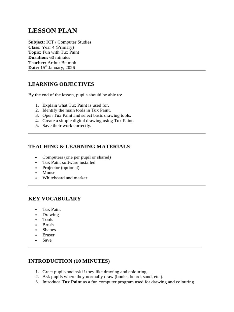 LESSON PLAN Year 3 Tuxpaint | PDF