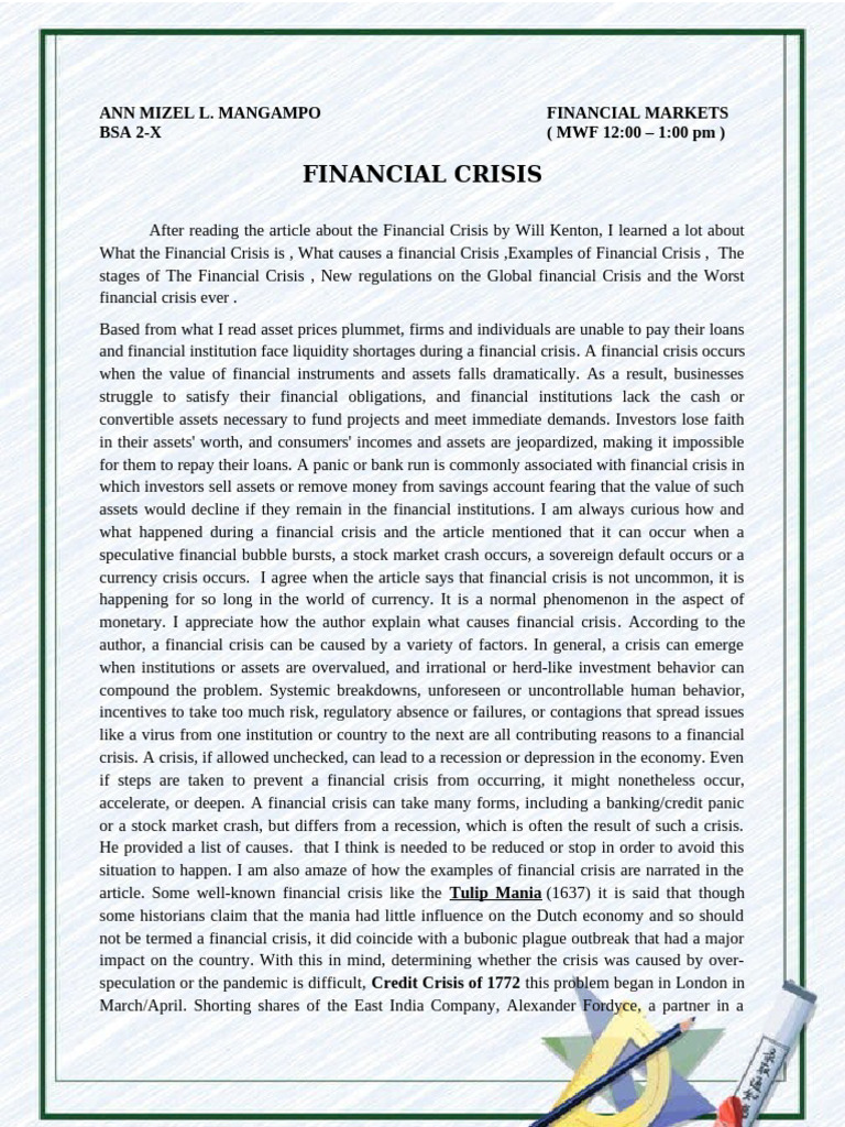 FINANCIAL CRISIS - Reaction Paper | PDF | Financial Crises | 1973 Oil ...